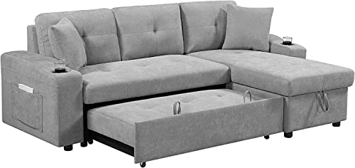 GAOPAN Modern Linen Sectional Sleeper Sofa Bed Convertible L-Shape Couch with Storage Chaise Lounge,Side Pockets,Cup Holders,2 Pillows for Living Room Apartment Furniture, Light Gray