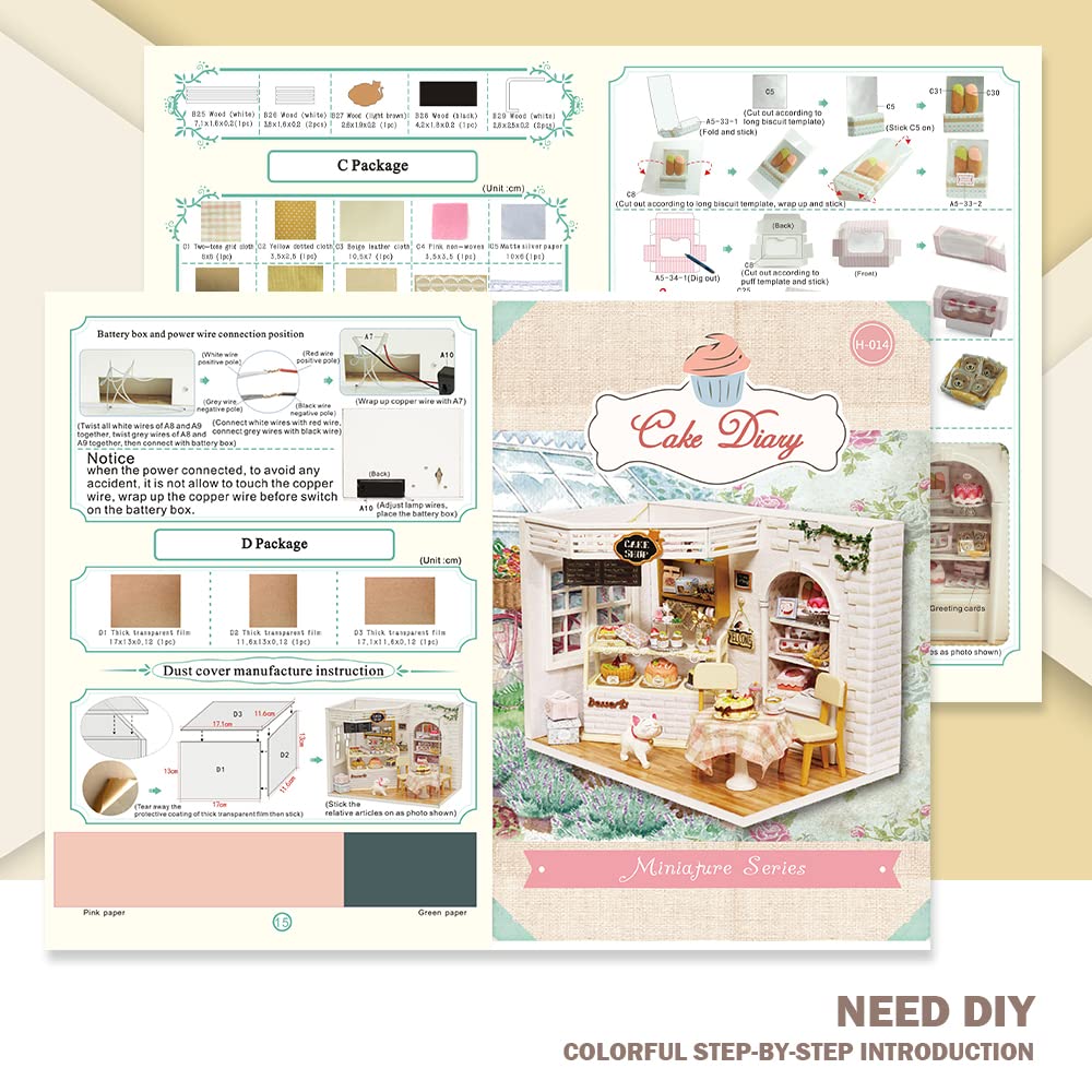 CUTEBEE Dollhouse Miniature with Furniture, DIY Dollhouse Kit Plus Dust Proof and Music Movement, 1:24 Scale Creative Room for Valentine's Day Gift Idea(Cake Diary)