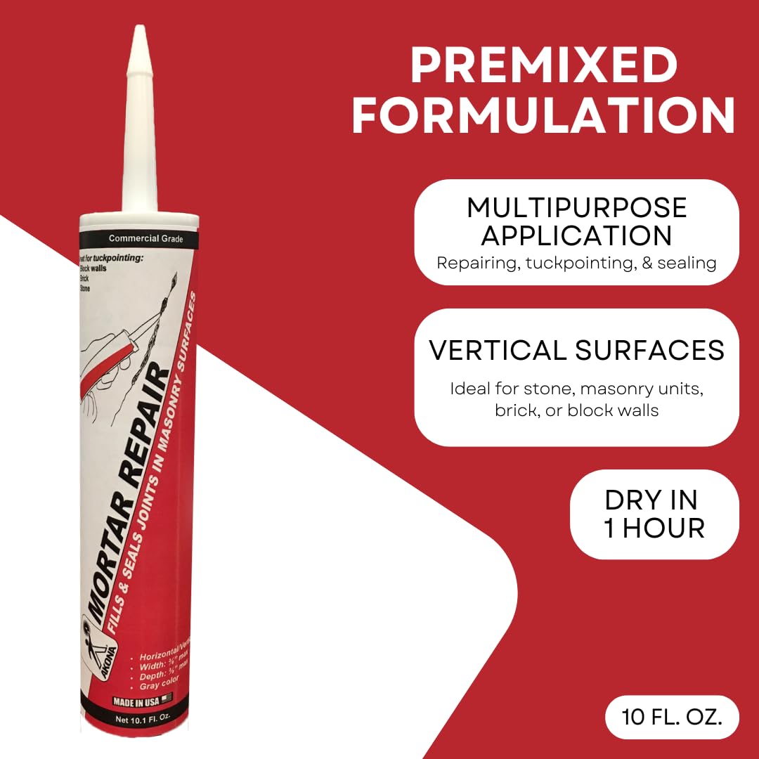 Akona Mortar Repair Tube - Tuckpointing, Sealing, & Repairing Stone, Brick, & Block Walls, Gray, Paintable, Fast Drying (10 Ounce, 1)