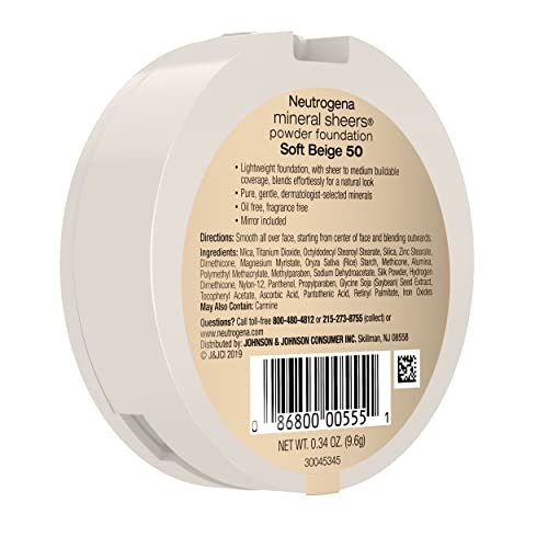Neutrogena Mineral Sheers Compact Powder Foundation, Lightweight & Oil-Free Mineral Foundation, Fragrance-Free, Soft Beige 50.34 oz