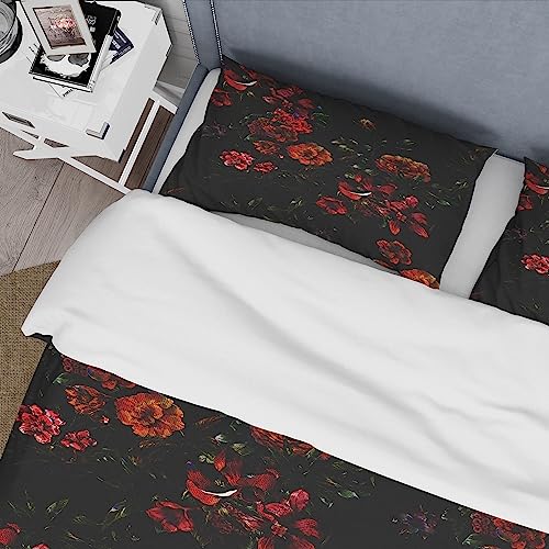 DESIGN ART Designart 'Grunge Red Summer Flowers On Black' Traditional Duvet Cover Set King