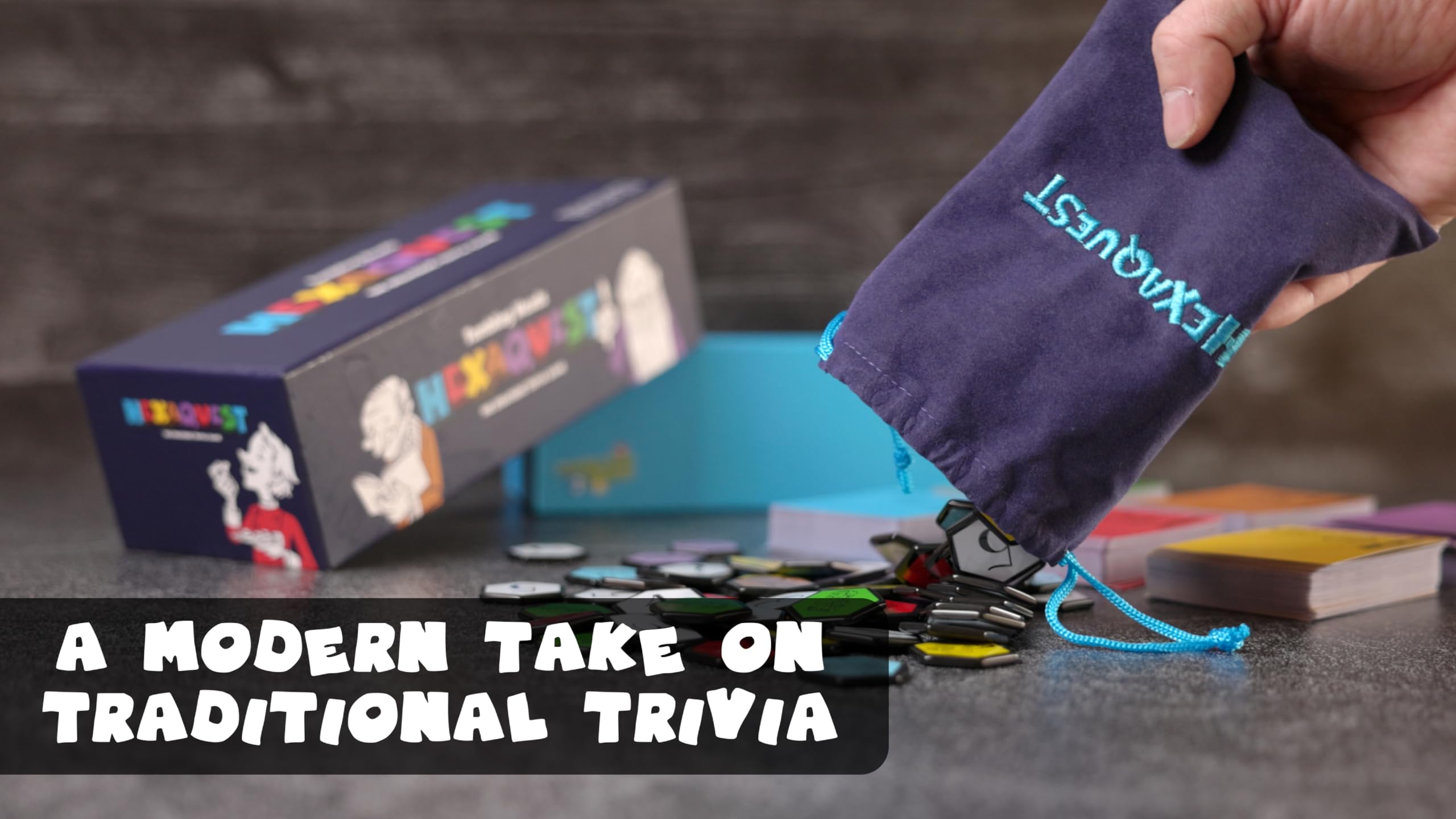 Hexaquest: Strategic Trivia Board Game - 1500 Questions, 6 Categories, 65 Hexagon Tiles, Luxury Bag - Quick to Learn
