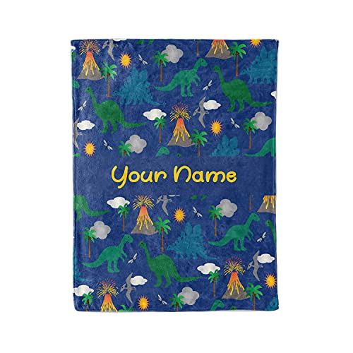 Personalized Corner Custom Dark Blue Dinosaur Fleece Throw Blanket for Kids - Boys Girls Baby Toddler Infants Blankets for Bed (30x40 Inches)