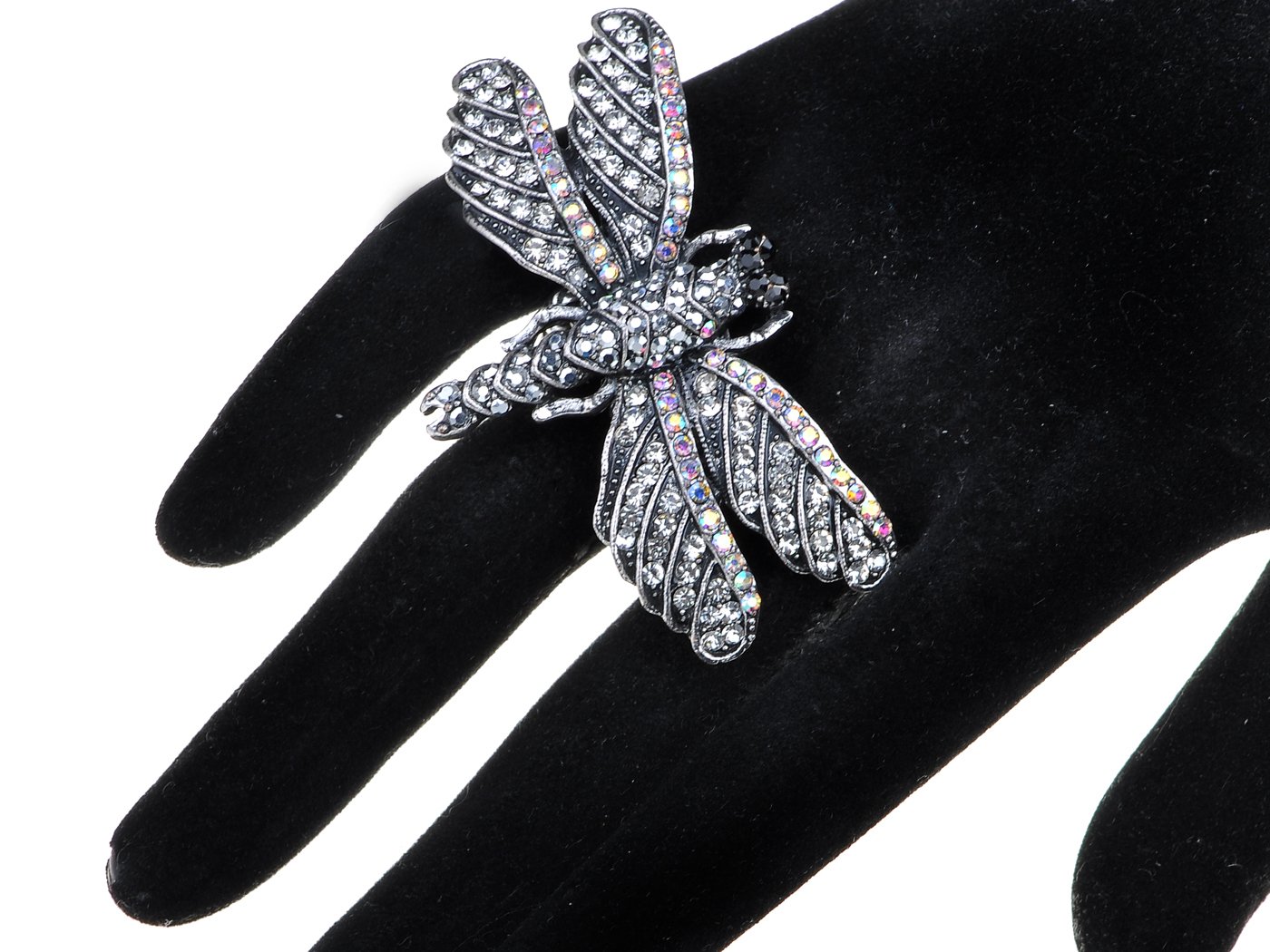 Alilang Gunmetal Tone Shine Clear Rainbow Crystal Rhinestones Dragonfly Ring