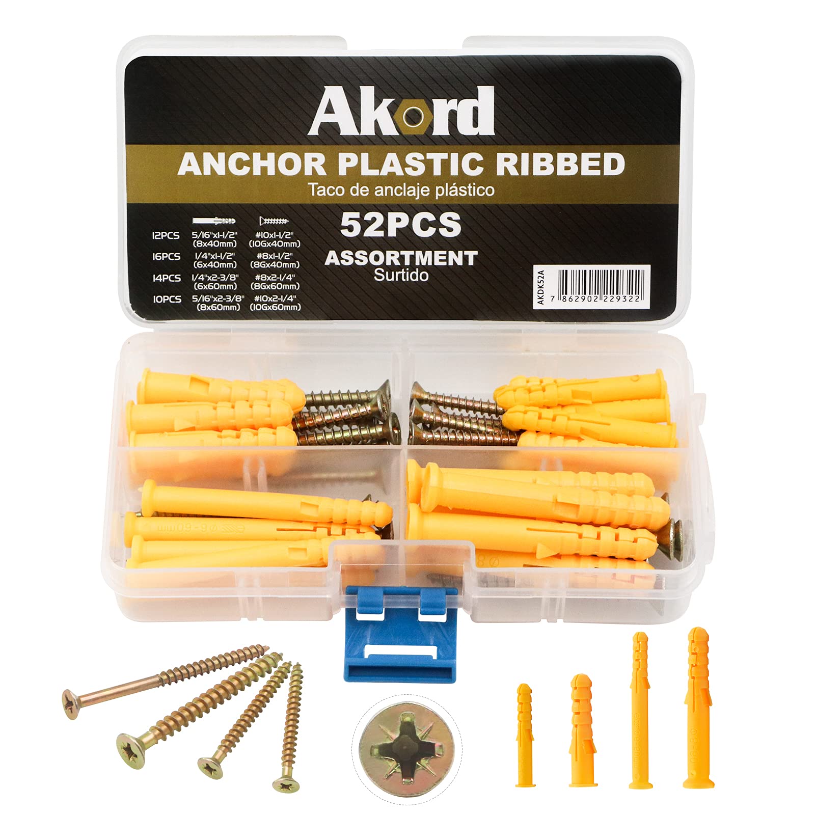 Akord 52 PCS Plastic Self Drilling Drywall Anchors with Screws Kit, 5 Sizes Galvanized Screws and Wall Plug Bolts with Organizer Box