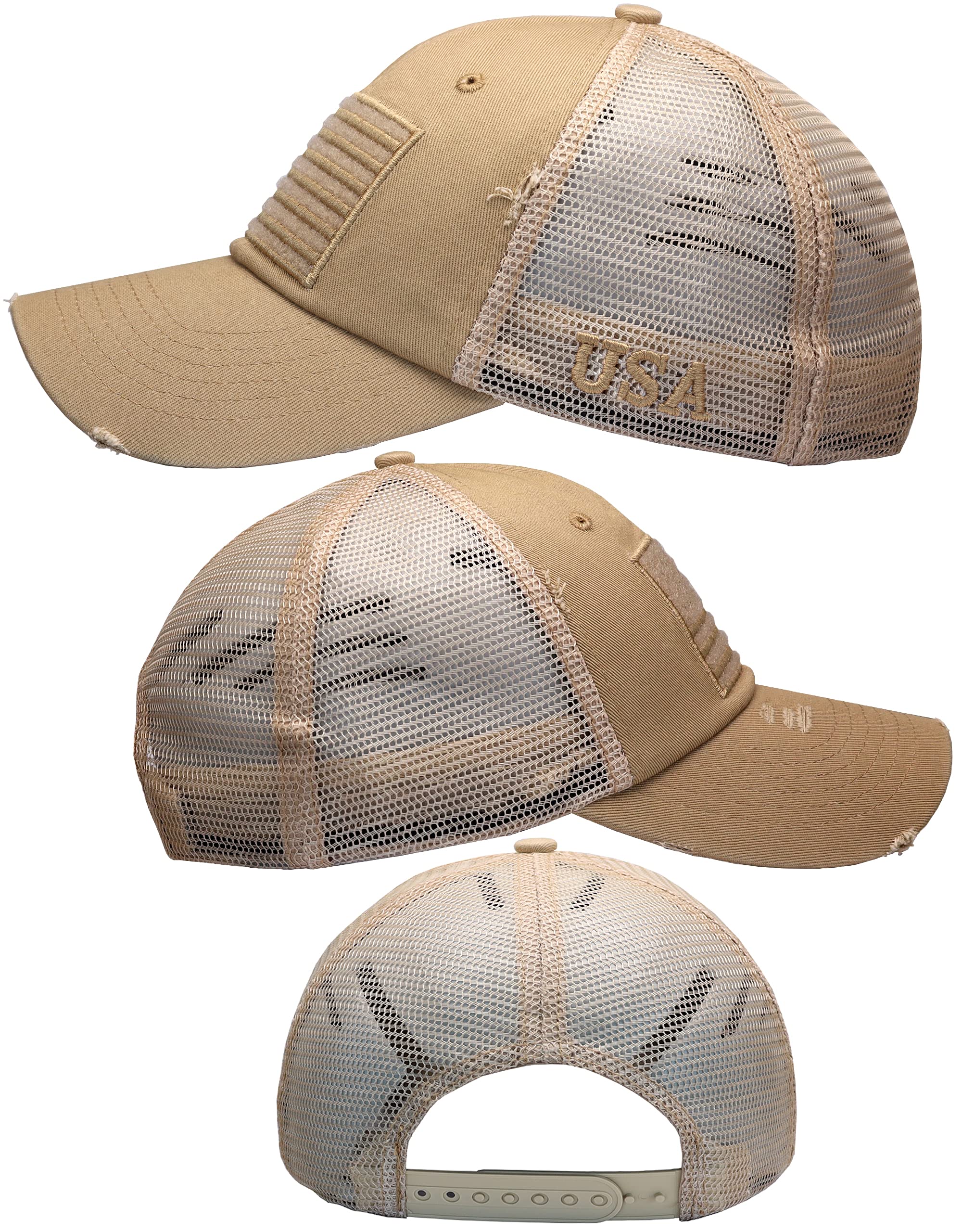 Antourage American Flag Unconstructed Hat for Men and Women Twill Mesh Snapback Baseball USA Flag Cap + 2 Patriotic Patches ((10) Khaki Distressed Mesh Snapback)