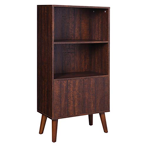 VASAGLE, Walnut Bookcase, 3-Tier Retro Bookshelf with Doors, Storage Cabinet for Books, Photos, Decorations in Living Room, Office, Study, Mid-Century Style, ULBC09BY