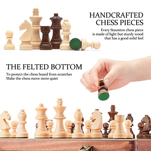 A&A 15 inch Wooden Folding Chess & Checkers Set w/ 3 inch King Height Staunton Chess Pieces - Mahogany Box w/Mahogany & Maple Inlay