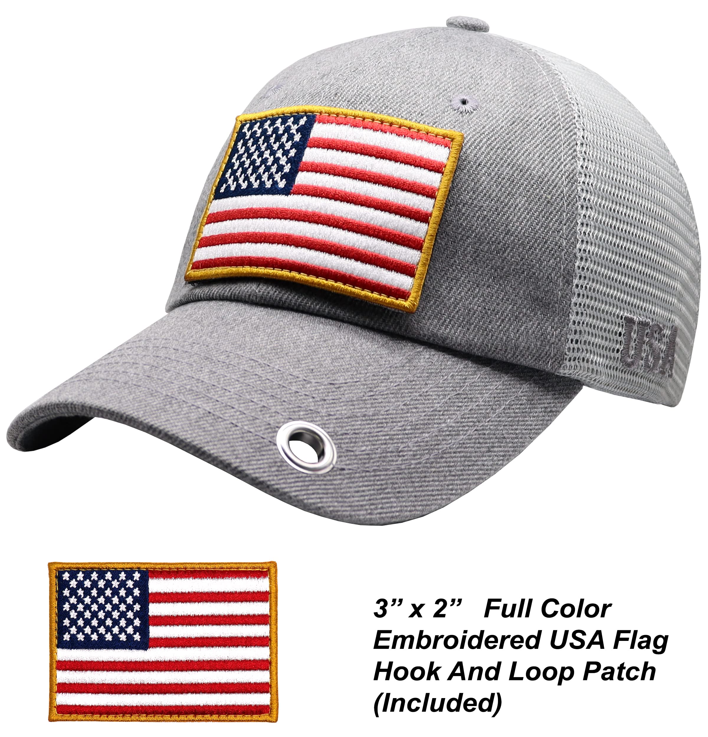 Antourage American Flag Unconstructed Hat for Men and Women Twill Mesh Snapback Baseball USA Flag Cap + 2 Patriotic Patches ((52) Grey Classic Mesh Snapback with Keyhole)