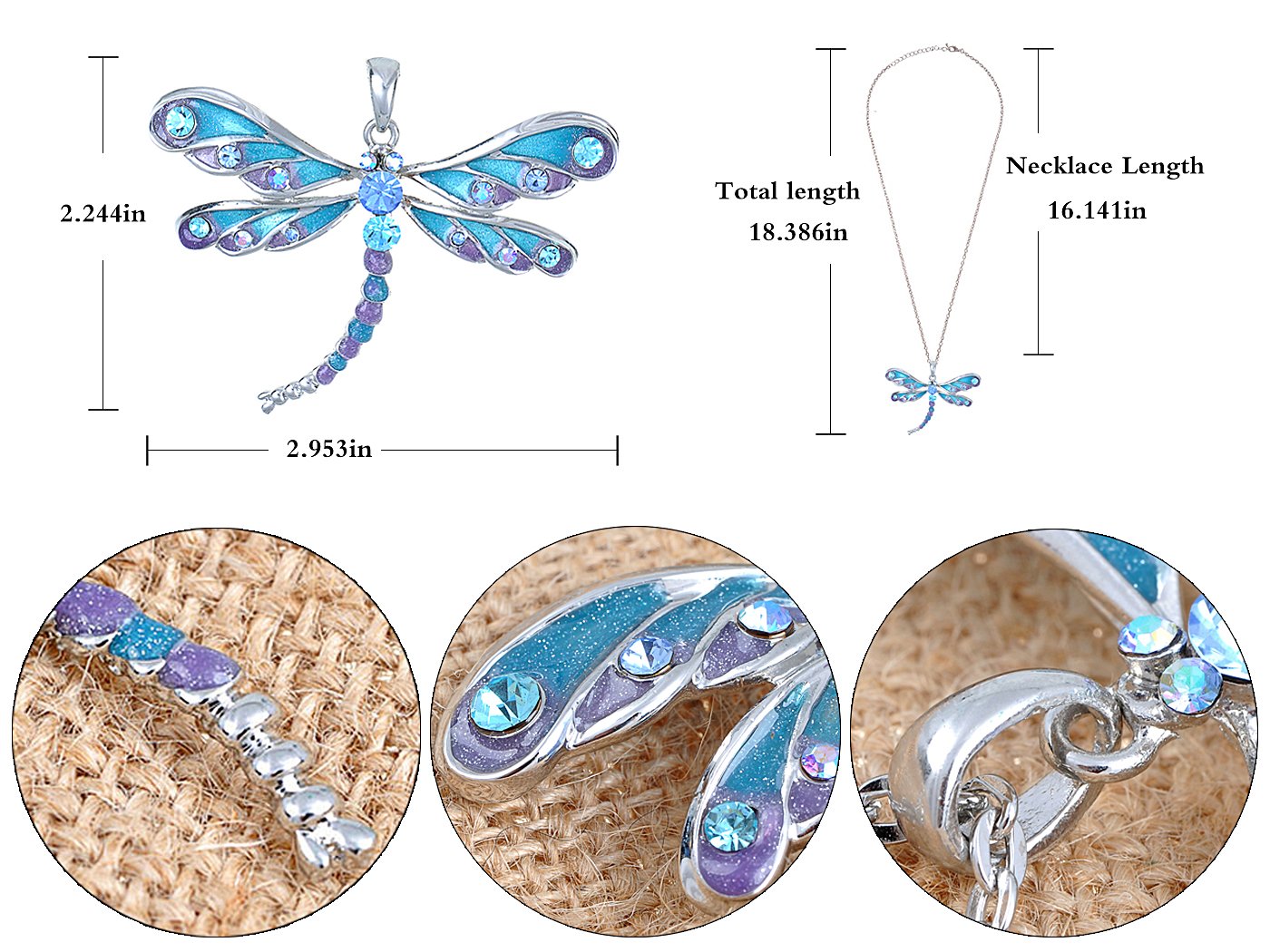 Alilang Womens Blue Purple Glitter Enamel Rhinestone Dragonfly Pendant Necklace Over Silvery Tone
