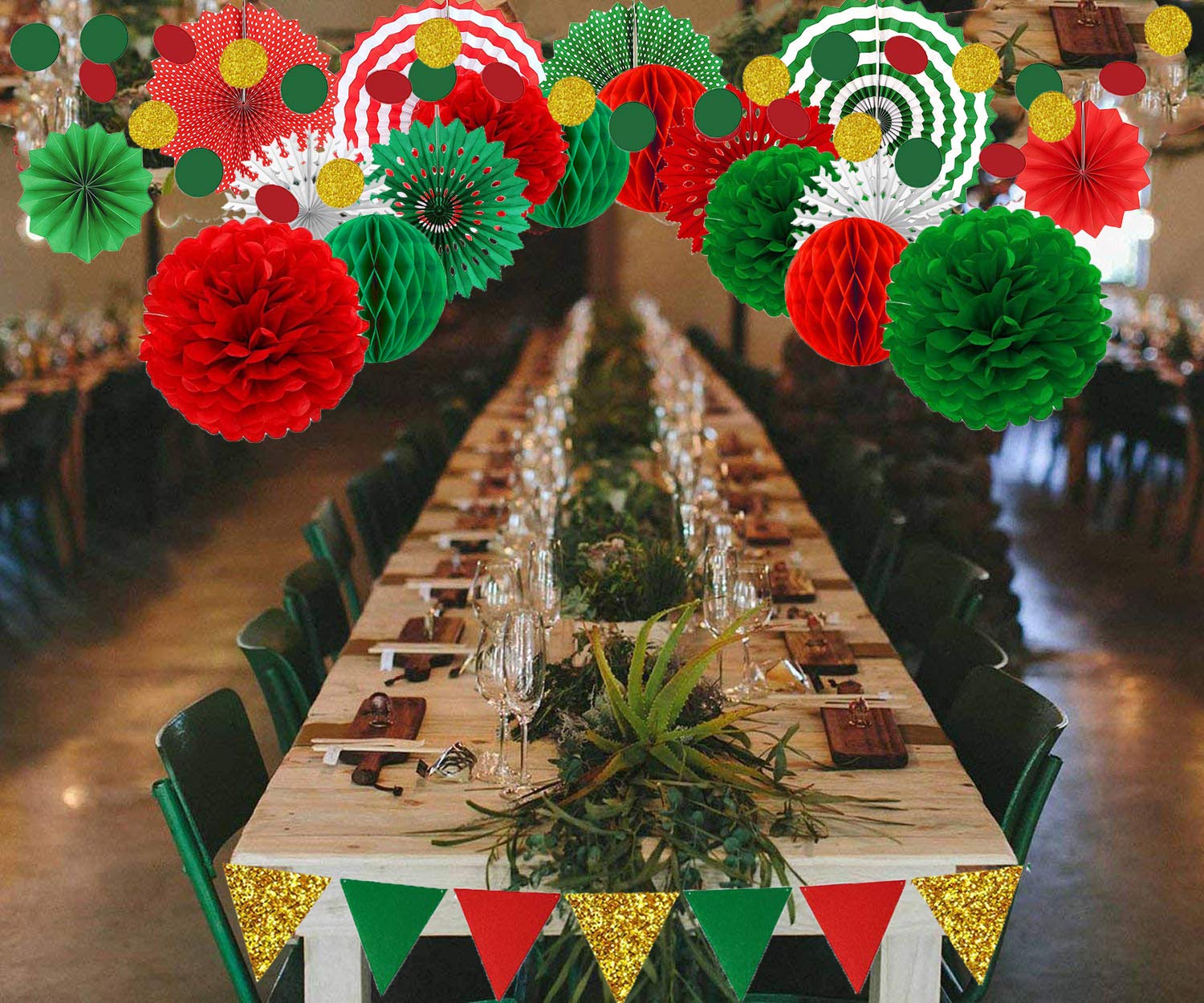 Christmas Party Decorations Paper Fans,Garlands String Circle Dot,Triangle Bunting Flags, Honeycomb Ball,Paper Tissue Pom Poms,Party Supplies for Christmas Birthday Wedding Baby Shower