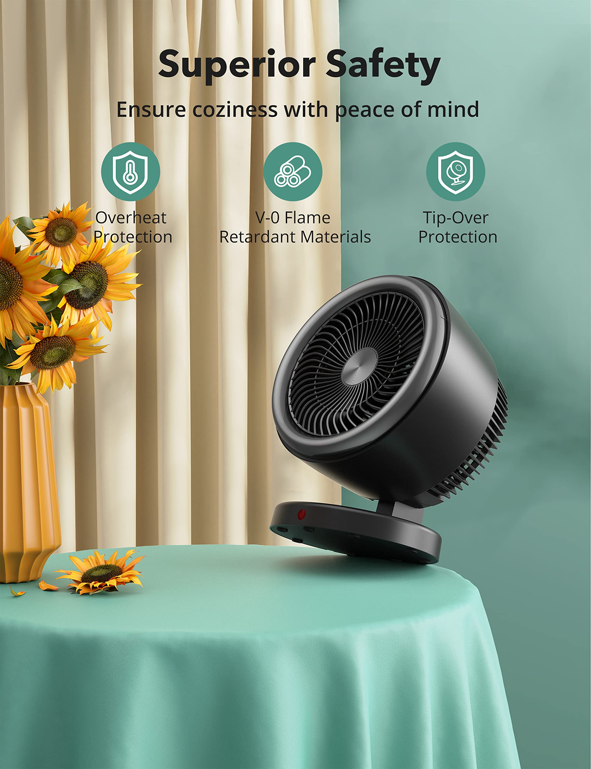 Space Heater Fan, 2-in-1 Vortex Portable Space Heater with Circulation Fan, 2 Heat and Fan Modes, 60°Wide Tilting Angle, Tip-over and Overheat Protections, Electric Heater for Bedroom Home Office Use