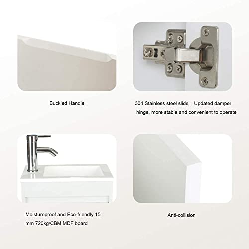 eclife 16" Bathroom Vanity Sink Combo for Small Space, Modern Pianted Wall Mounted Cabinet Set w/White Resin Basin Sink Top, Chrome Faucet & Pop Up U Shape Drain (B10W)