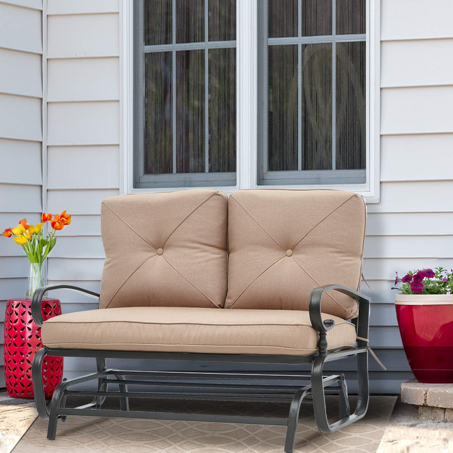 Betterland Outdoor Glider Rocking Chair Patio Swing Glider Bench for 2 Person, Metal Frame Loveseat Chair with Cushions (Brown)