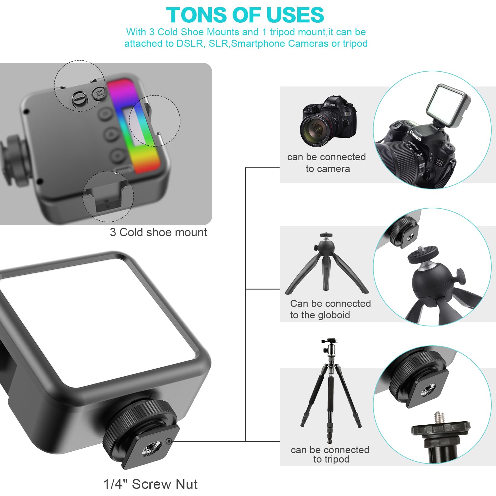 Altson Magnetic RGB Led Video Light LED Camera Light 360° Full Color Portable Photography Lighting Whit 3 Cold Shoe,,2000mAh Rechargeable CRI 96+/2500-9900K/13 Scene (Black)