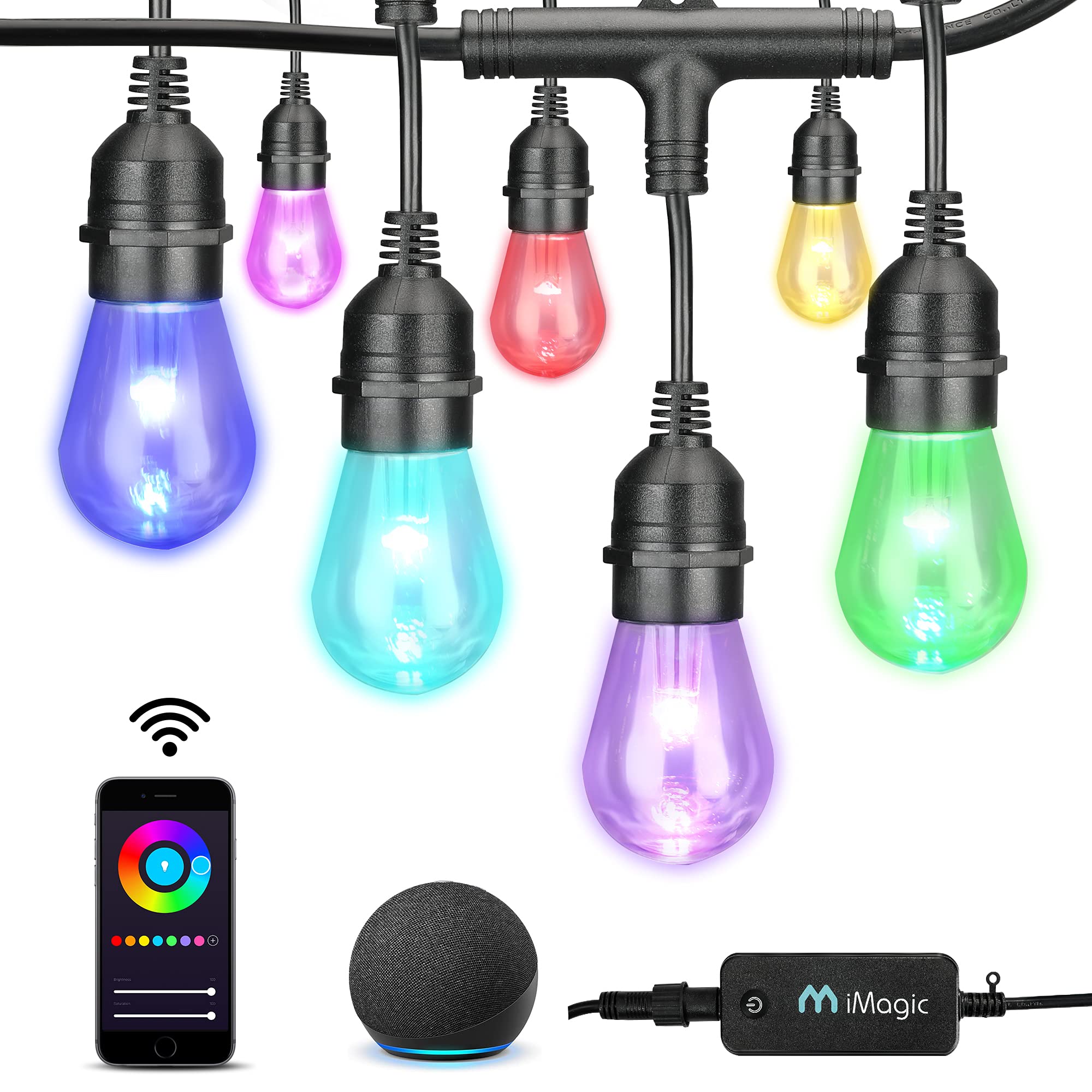 iMagic Outdoor String Lights, 98 Ft Smart RGB Patio Lights, 30 LED Bulbs Multi Color String Lights, for Alexa/Google Assistant, App Control, 2.4 GHz Only, IP65 Waterproof, Meet to U.S. Standards