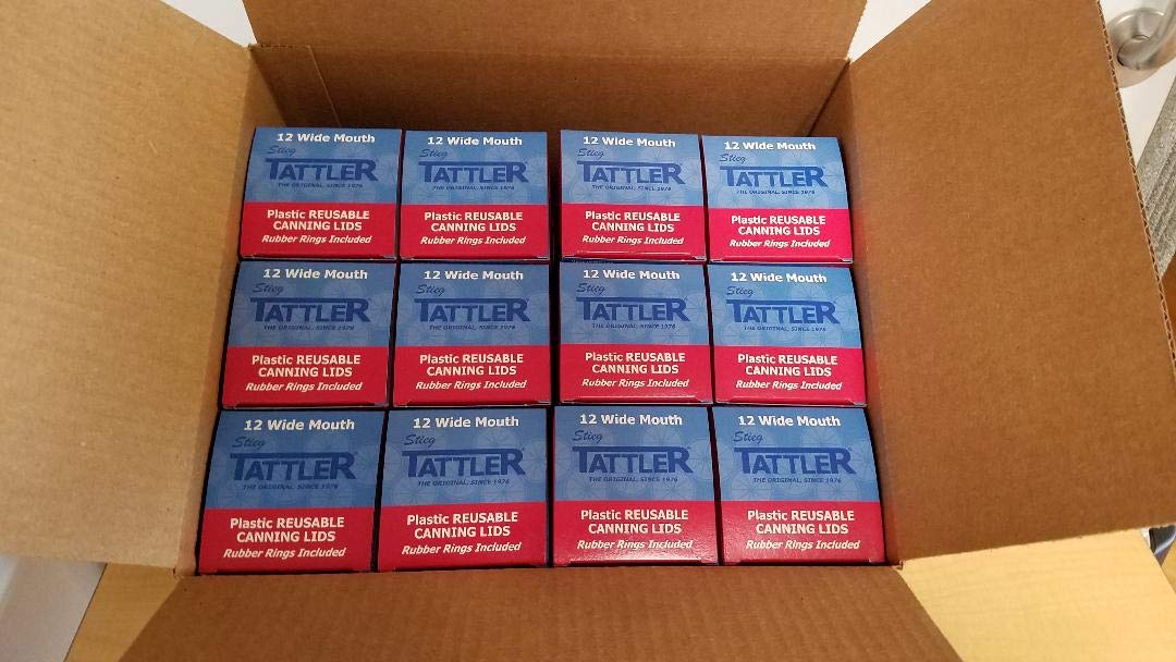 Authentic Tattler E-Z Seal Reusable Canning Lids Wide Mouth 12 Dozen (144 Lids & Rings) Plastic Lid/Rubber Ring - MADE IN THE USA!
