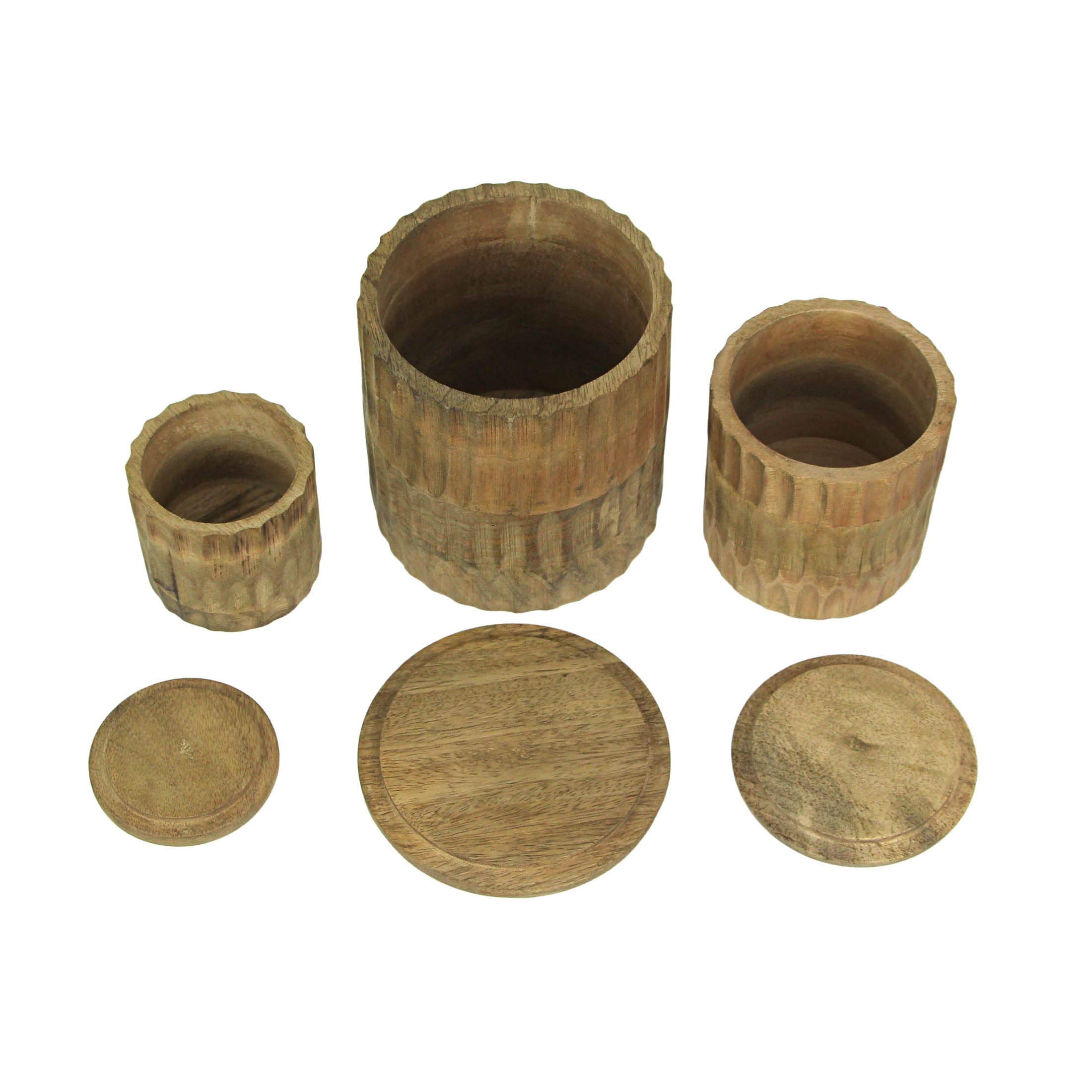 Things2Die4 Set of 3 Hand Carved Wooden Canister Decorative Storage Container Kitchen Decor, Brown, One Size