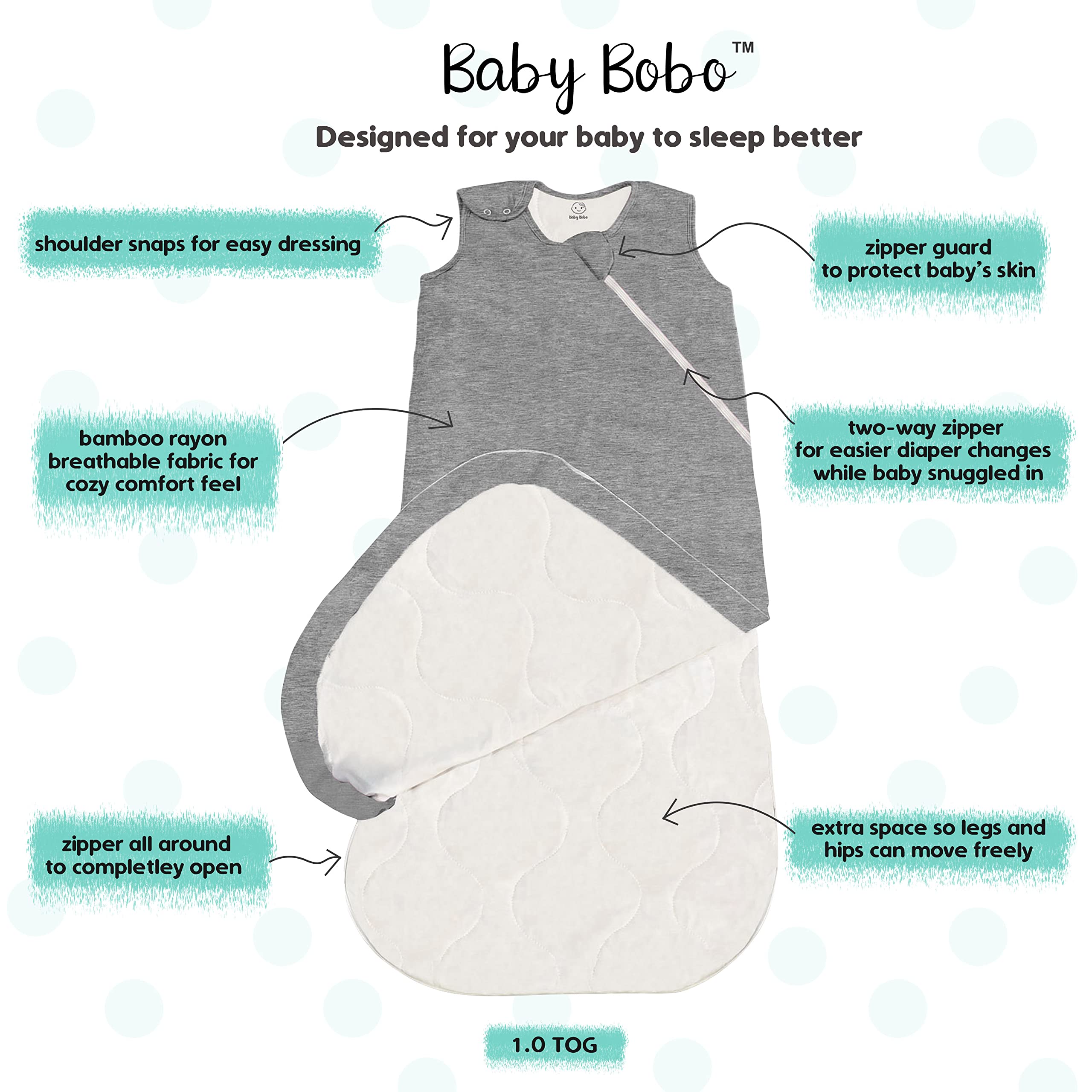 Baby Bobo Bamboo Sleeping Bag for Babies and Toddlers Zippered (Fog Grey, 6-18 Months)