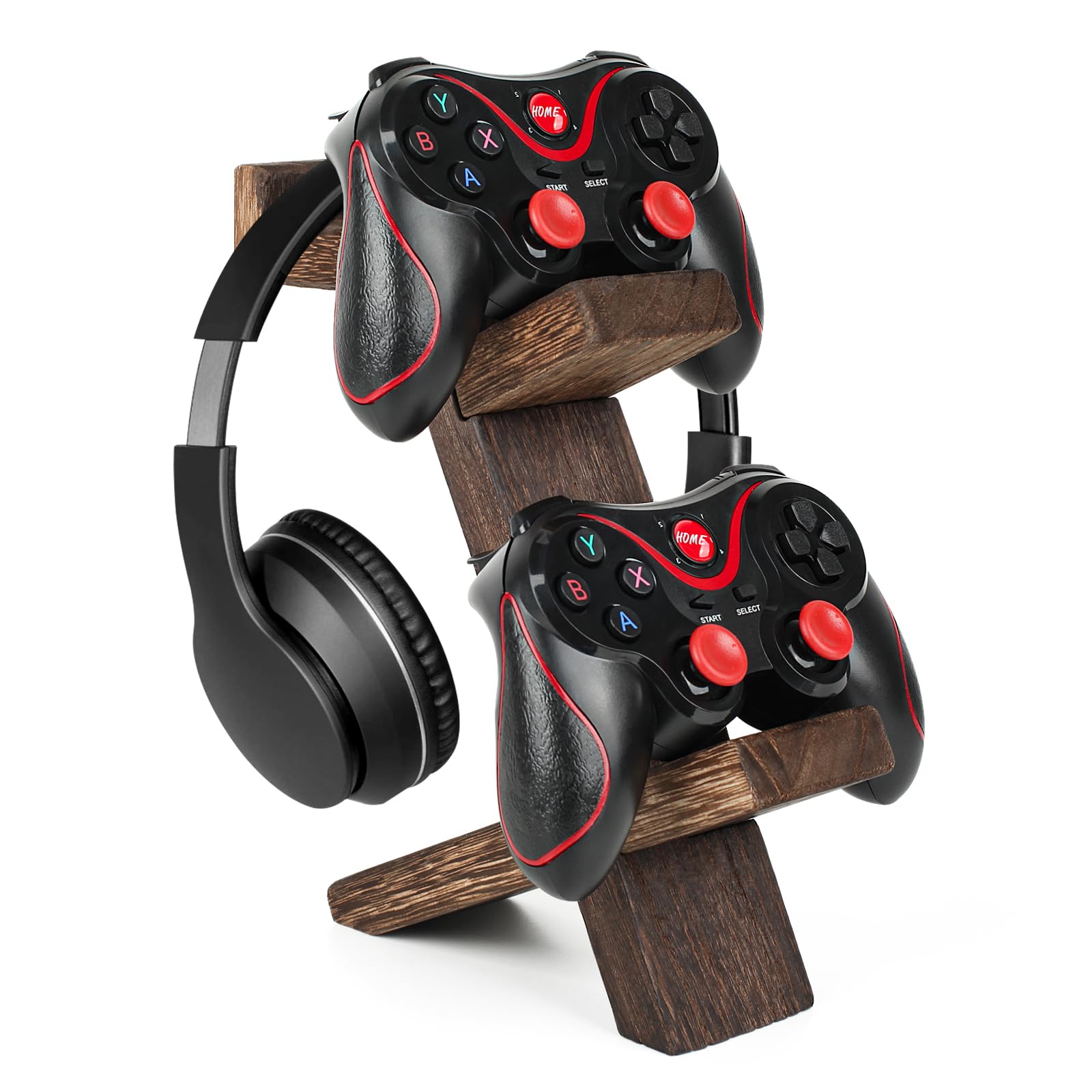 BEARUT Wooden Game Controller Holder Headset Stand 2-Tier Universal Controller Gaming PC Accessories Storage Rack Headphone Stand for Xbox Series PS5 PS4