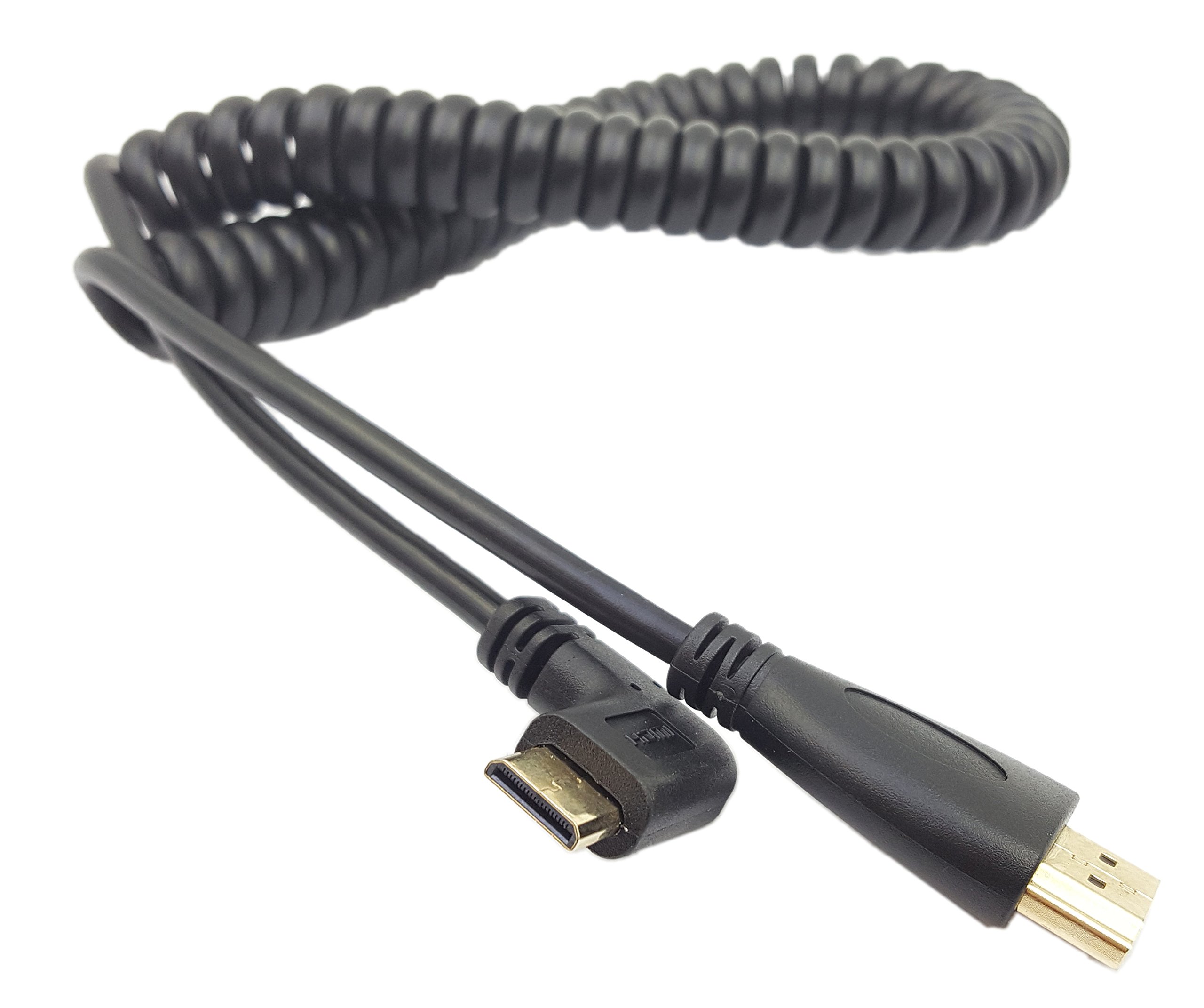 SinLoon Angle 90 Degree Right Mini HDMI to HDMI, Right Angled Mini-HDMI Male to HDMI Male Gold Plated Converter Adapter Coiled Spiral Cable,Support 3D, 1080P,1.5~10 Feet(90Mini-HDMI Right)