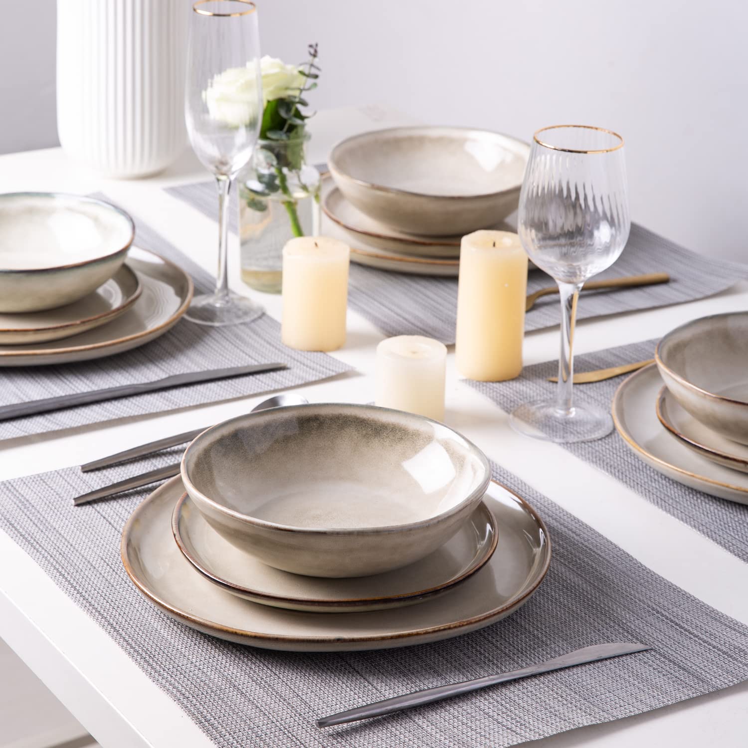 AmorArc Ceramic Dinnerware Sets,Handmade Reactive Glaze Plates and Bowls Set,Highly Chip and Crack Resistant | Dishwasher & Microwave Safe,Service for 4 (12pc)