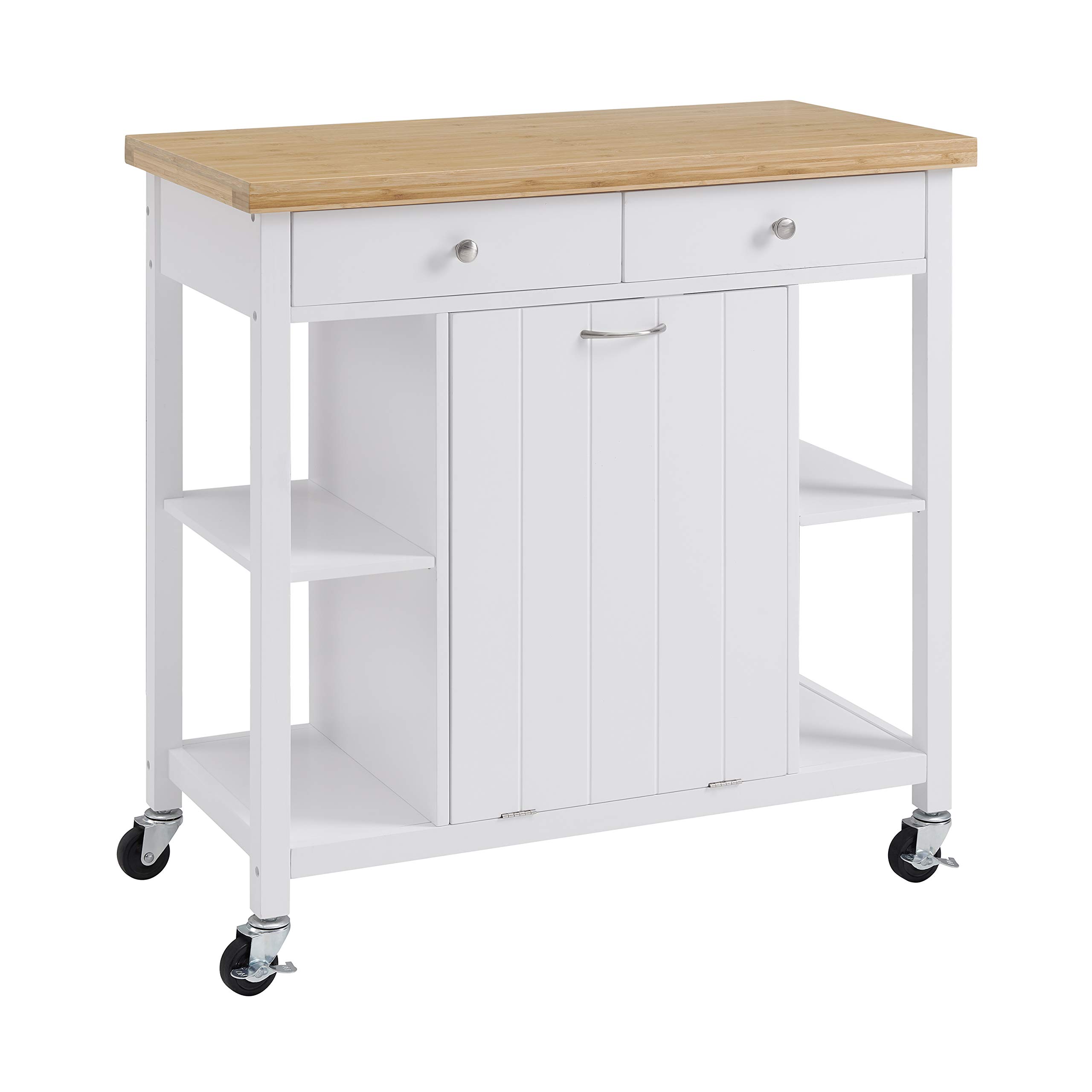 Almeris Lux White Kitchen Island Cart Wheels Bamboo Top Storage Cabinet Drawers Rolling Utility Shelf Furniture Table Home Office Bar Rack Cupboard