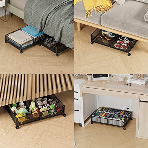 Under Bed Storage With Wheels Under bed Storage Containers Removable Large Wrought Metal Foldable Space-saving Under Bed Shoe Storage Organizer Drawer on Wheels for Clothes Movable(2 pieces, Black)