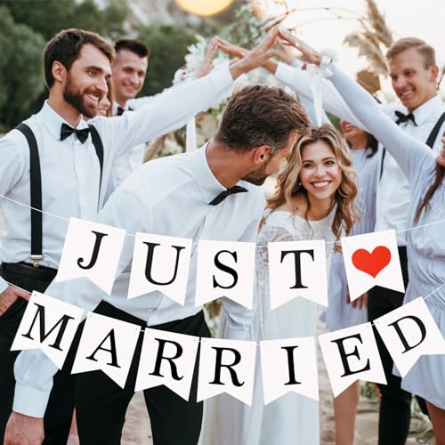 Bewudy Just Married Wedding Banner, Card Paper Wedding Hanging Flag Decoration, Romantic Wedding Party Supplies for Wedding Bridal Shower Anniversary Decoration
