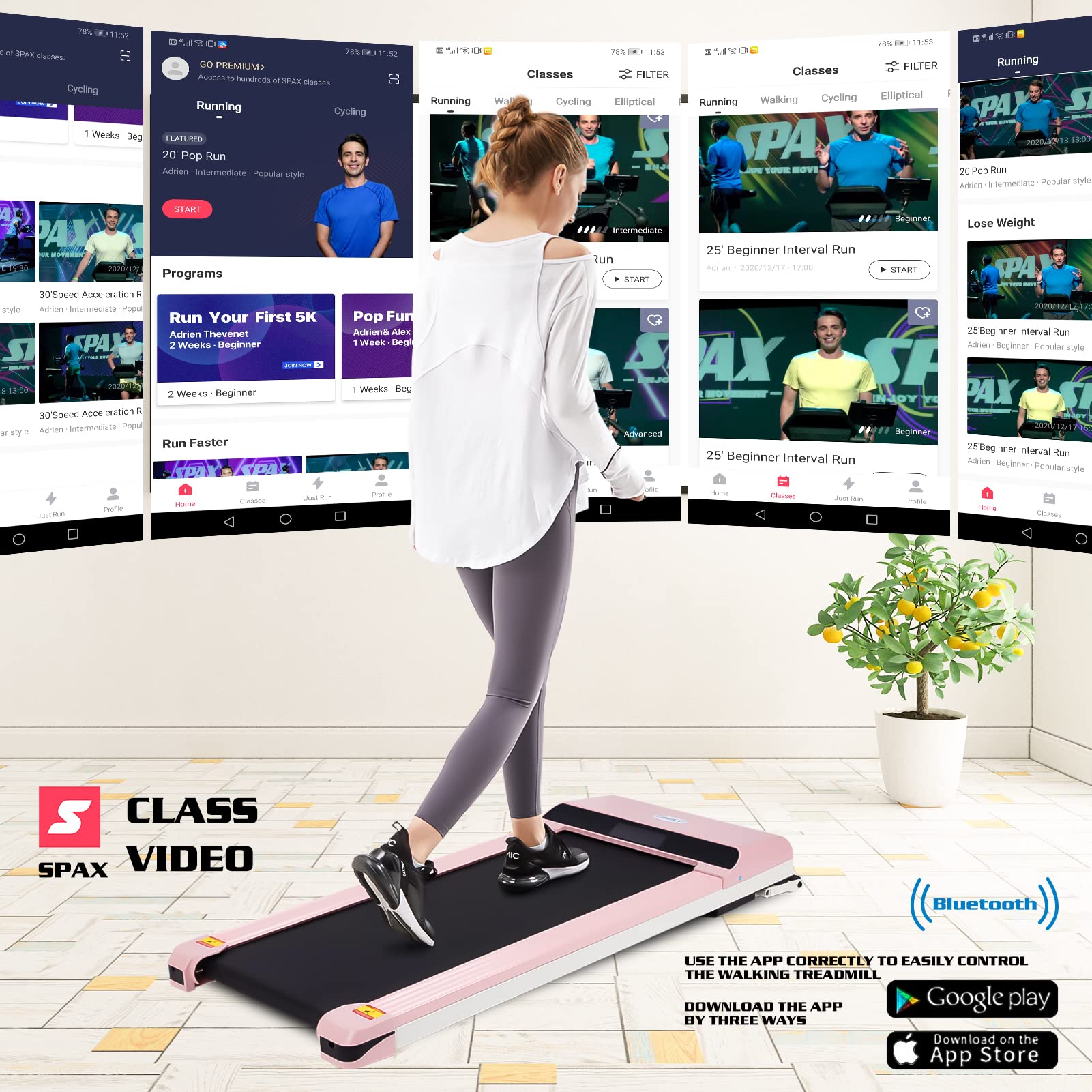Ampela Portable Treadmill Under Desk Walking Pad Flat with LED Display & Sport APP, Running Machine for Apartment and Small Space Without Assembling(Pink)