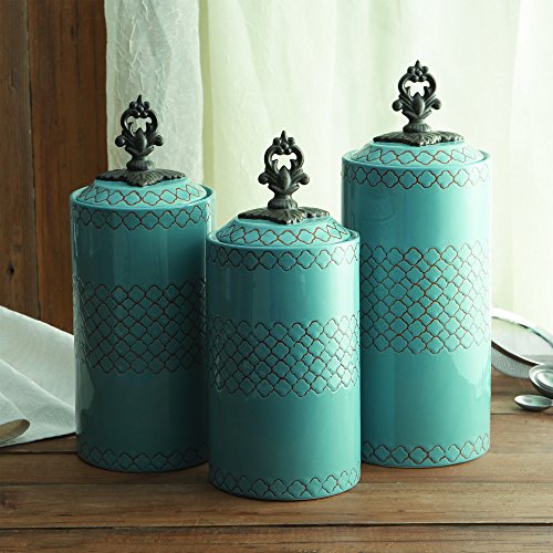 American Atelier Canister 3-Piece Ceramic Set Jar Container with Airtight Stainless Steel Lids 13.5β x 4.5β x 12.4β for Cookies, Candy, Coffee, Flour, Sugar, Rice, Pasta, Cereal & More Blue