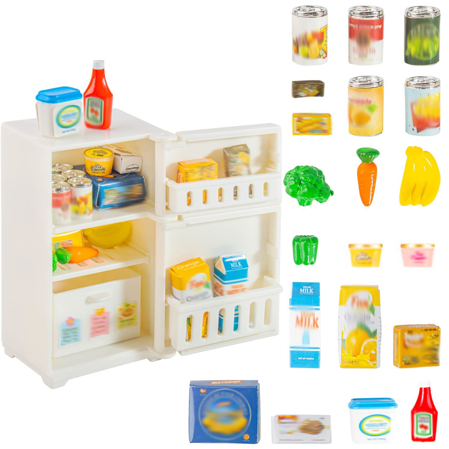 Hiawbon 21 Pcs Mini House Miniature Refrigerator with Mini Food Set Mini Kitchen Furniture Fridge Decorations Miniature Food with Juice Milk Ice Creams Vegetables