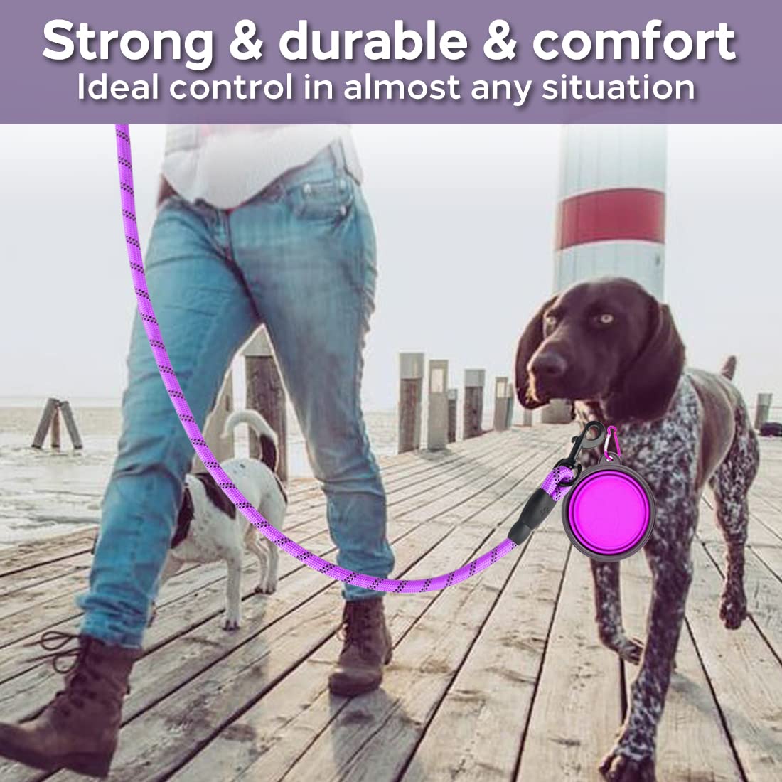 COOYOO 2 Pack Dog Leash 6 FT Heavy Duty - Comfortable Padded Handle - Reflective Dog Leash for Medium Large Dogs with Collapsible Pet Bowl Set 3-Black+Purple