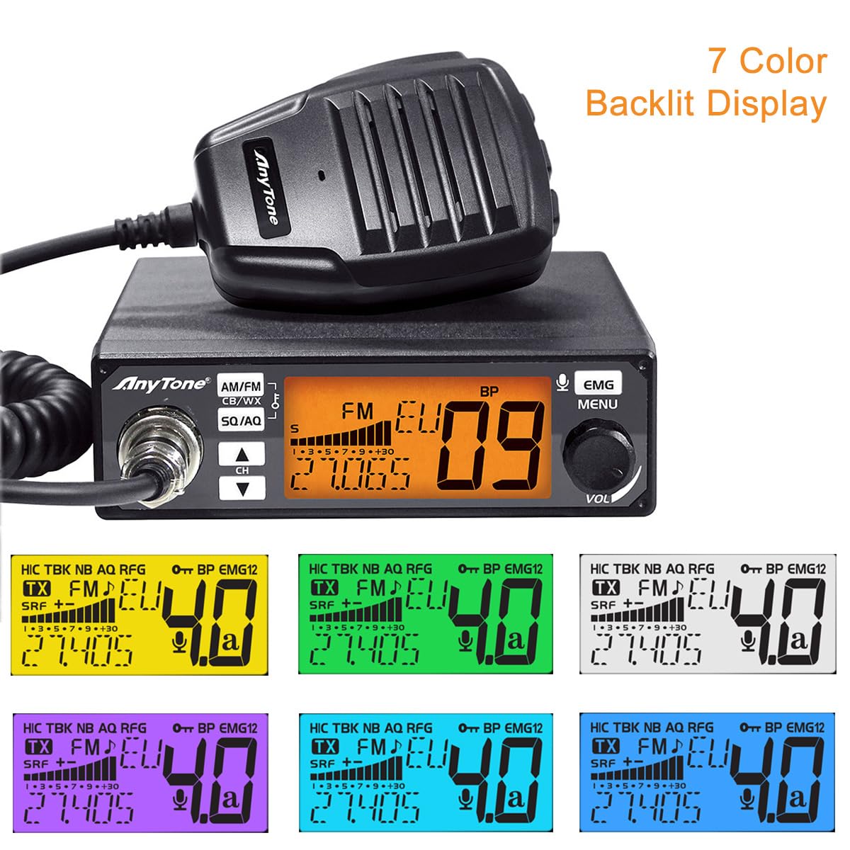 AnyTone AT-500M II CB Radio for Truck, 12V Mobile Transceiver with NRC, VOX, AM/FM, PA, WX, Emergency Channels, Output Power 4W, CTCSS/DCS, Talkback and 7 Color Display
