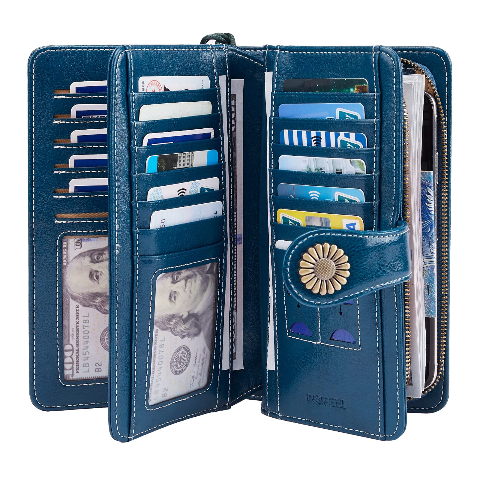 INSIFEEL Women's Wallets Large Capacity with RFID Protection Genuine Leather Wristlet Purse (Navy Blue)