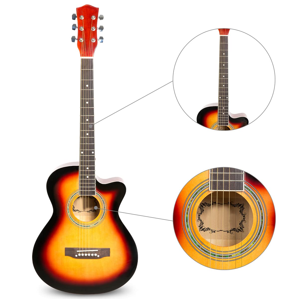 ARTALL 39 Inch Handmade Solid Wood Acoustic Cutaway Guitar Beginner Kit with Gig Bag, Strings, Picks, Strap, Glossy Sunset