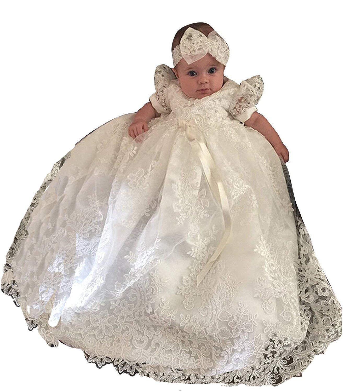 Newdeve Baby-Girls Lace Beads Infant Toddler White Christening Gowns Long (9-12 Months, Ivory)