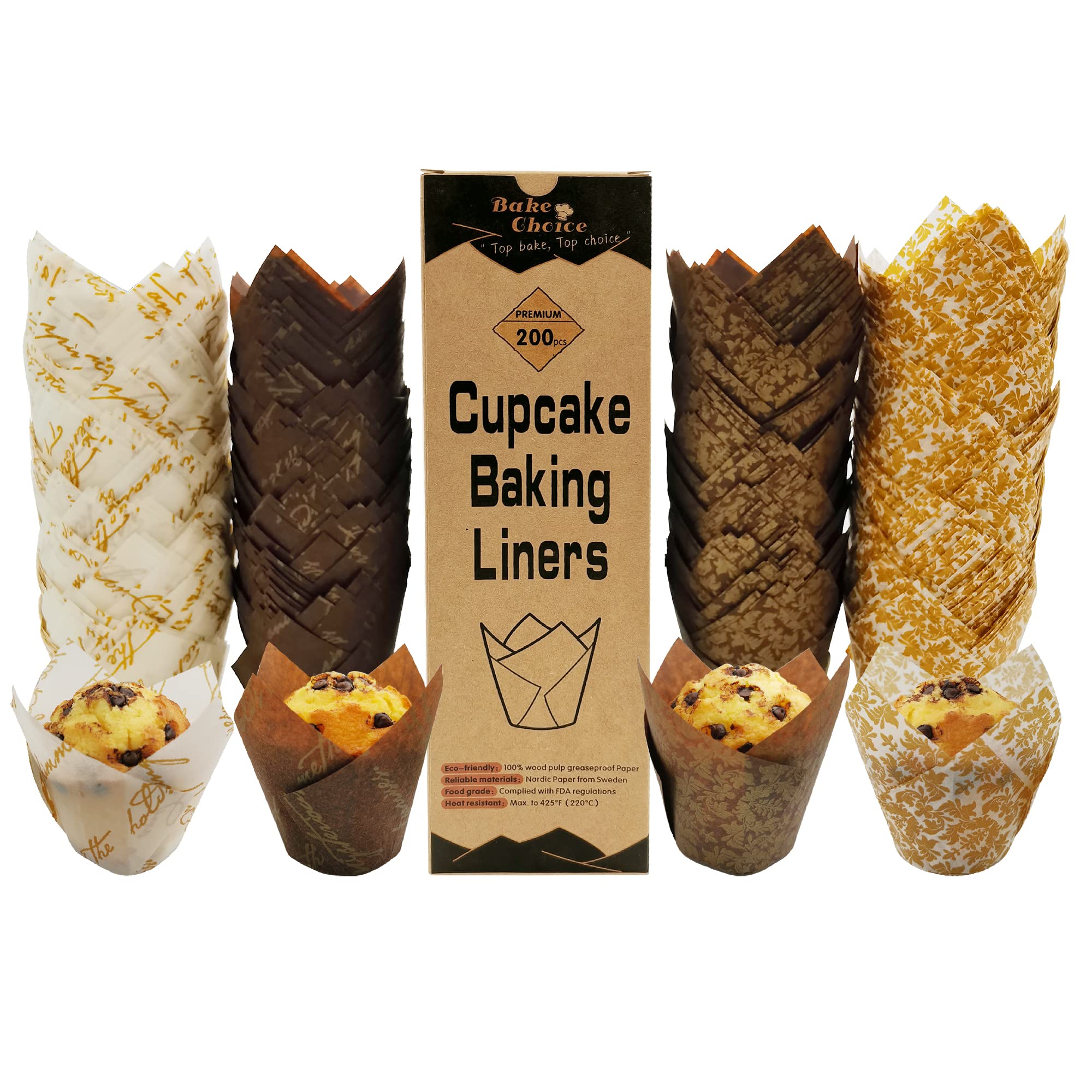 Bake Choice Nordic Paper 200pcs Tulip Cupcake Liners for baking cups with four fancy designs EU Parchment paper Standard Size Tulip Muffin liners, Cupcake Wrappers for Party, Wedding, Birthday