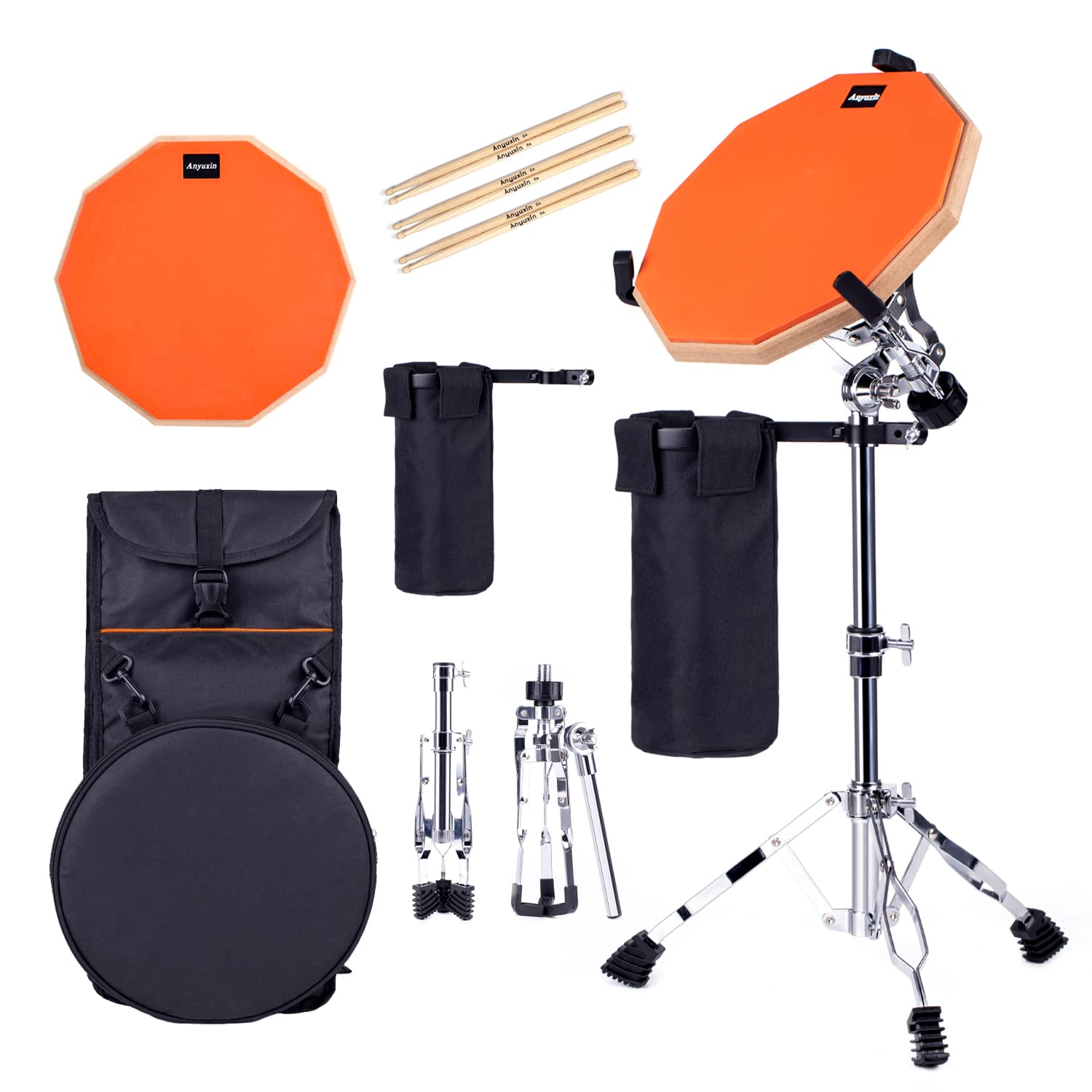 Anyuxin Drum Practice Pad Snare Drum Stand Set, 12 Inch Double Sided Silent Practice Pad with Drum Sticks, Drumstick Holder, Carrying Bag, Adjustable Stand(Fits 10''-14'' Drums) Orange