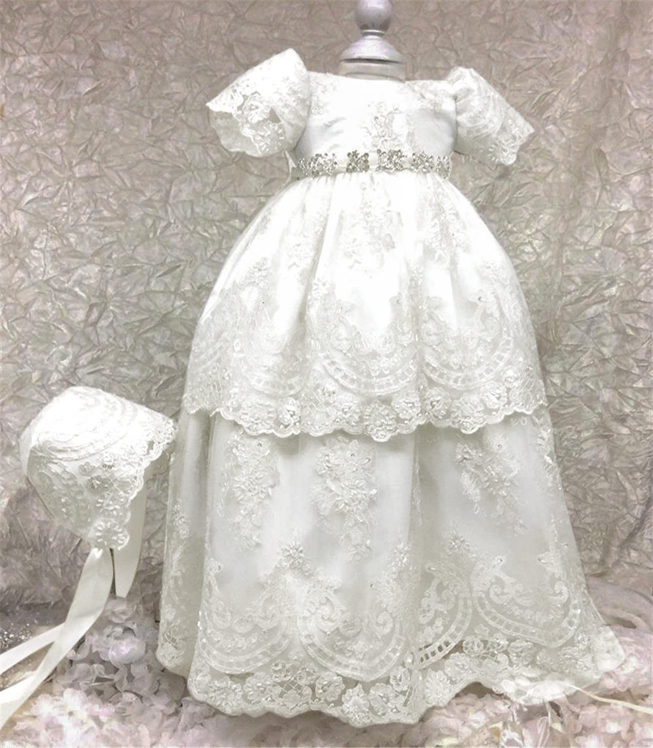 Newdeve Long Baptism Dresses for Baby Girls Christening Gowns Toddler with Bonnet White