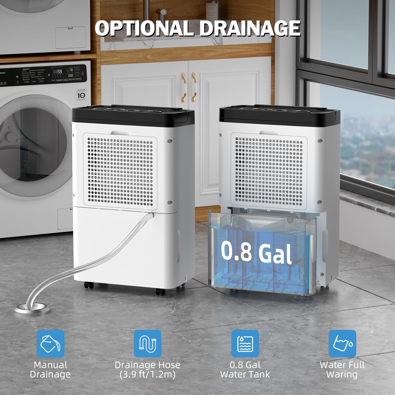AIRPLUS 4,000 Sq. Ft. 50 Pints Dehumidifier with Hose, Humidity with Auto Shut off, Auto Drain or Manual Drainage, 0.8 gal Water Tank Capacity for Basement