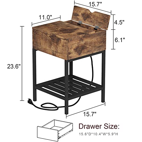 ChooChoo Nightstand with Charging Station and USB Ports, Rustic Side End Table with Drawer and Metal Shelf, Bedside Table for Small Spaces, Bedroom, Rustic Brown