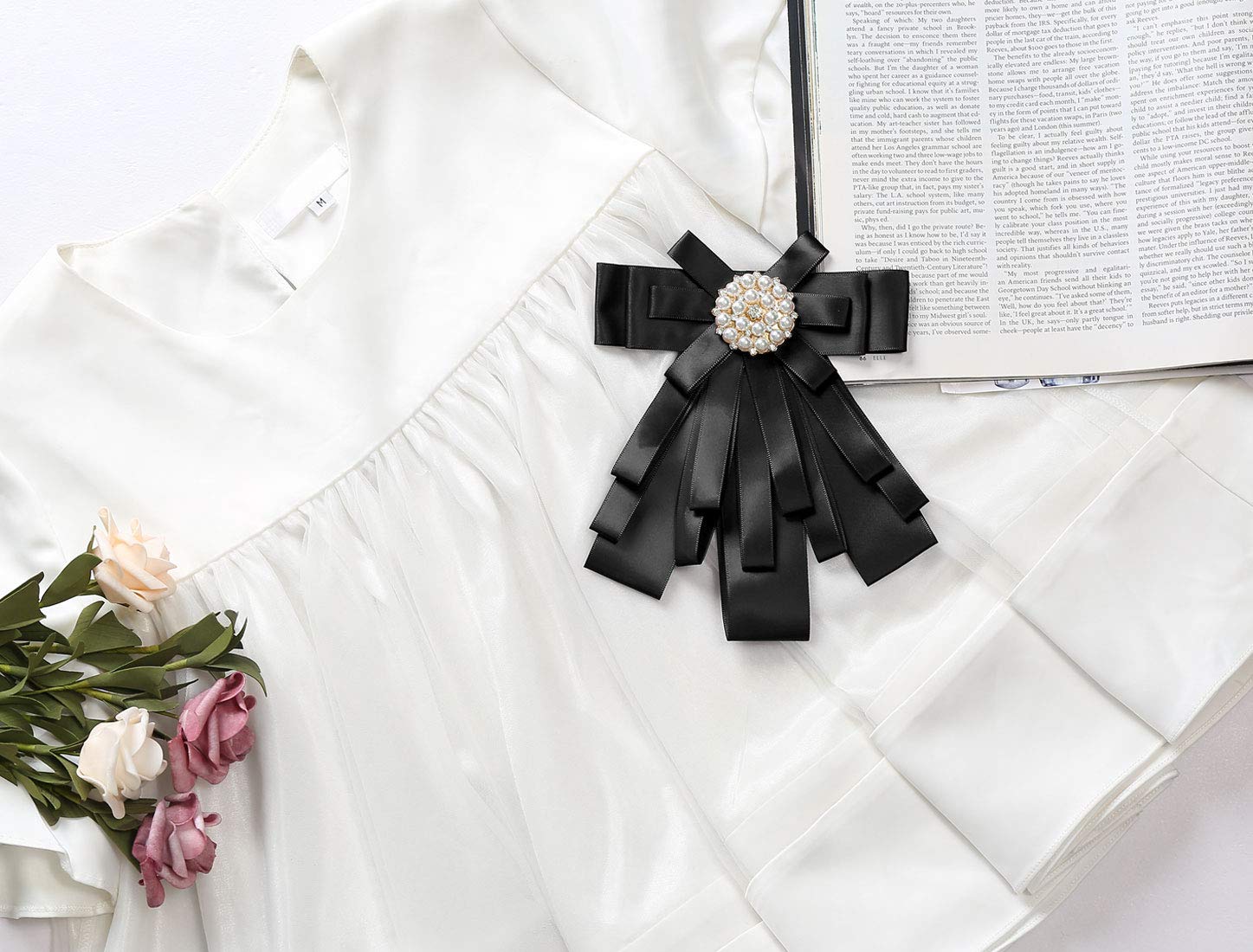 Allegra K Women's Pre-tied Bowknot Beads Bow Tie Elegant Large Ribbon Brooch One Size Black