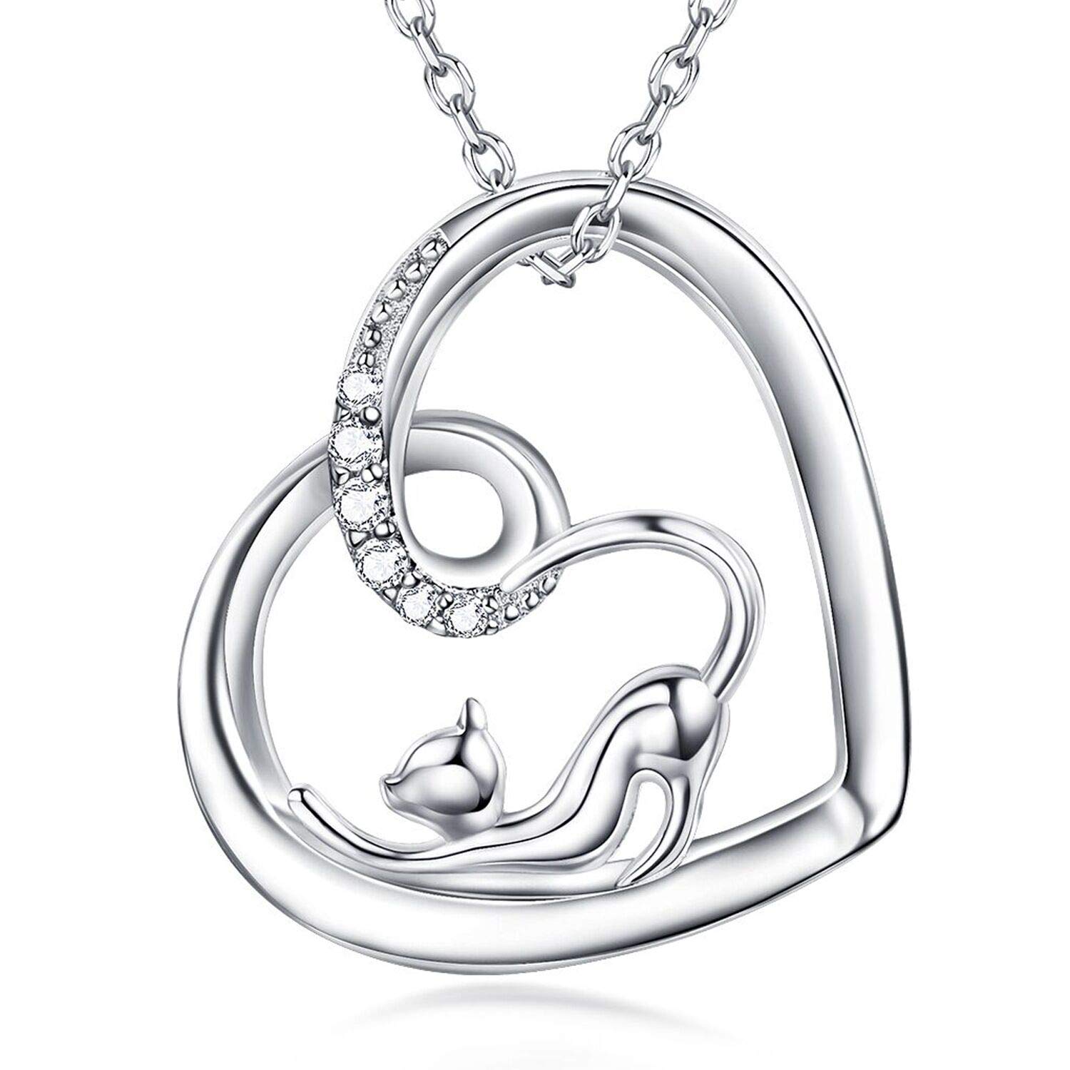 AmorAime 925 Sterling Silver Cat Necklace for Women Heart Necklace Fashion Cute Cat Pendant Dainty Necklace Gift for Festival, Vacation or Holiday