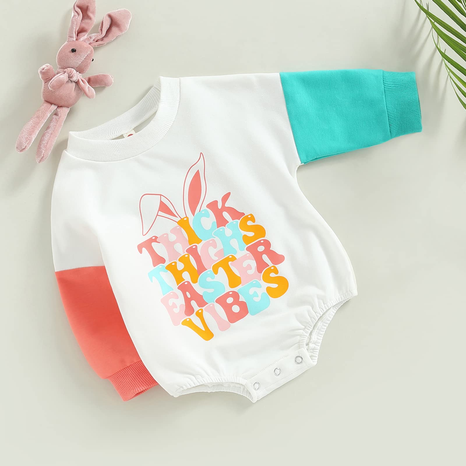 Balaflyie Easter Baby Boy Girl Clothes Bunny Ear Long Sleeve Sweatshirt Romper Bubble Oversized Onesie Outfit Cute Clothing (White-Thick Thighs Easter Vibes Romper, 18-24 Months )