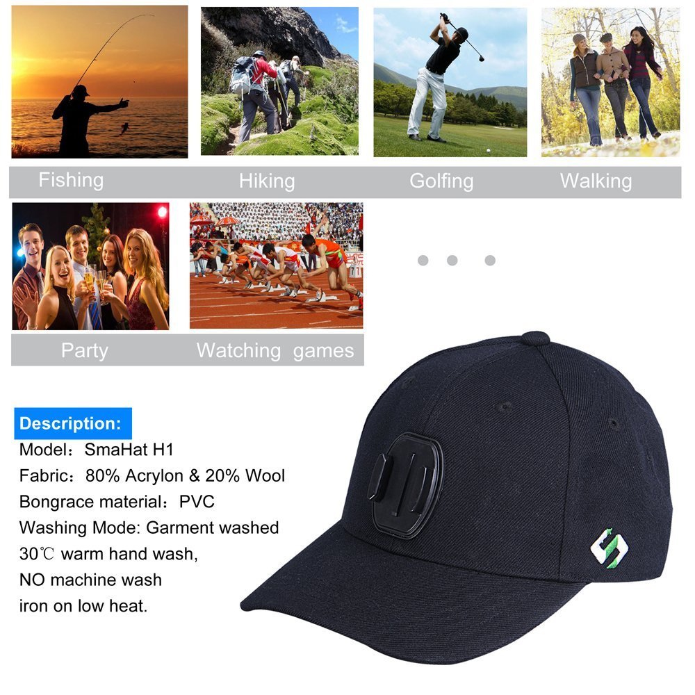 Smatree Baseball Hat with Quick Release Buckle Mount Compatible for G*Pro 13/12/11/10/9/8/7/6/5/4/3 Plus/3/2/1/DJI OSMO Action 4/3/2 Cameras, Wool Material (L 58-60cm) Black