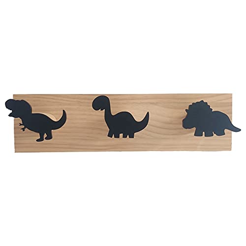 Basage Kids Dinosaur Wall Mounted Coat Hooks Wooden Door Hanger for Boys Bedroom Nursery Playroom Decorations -Black
