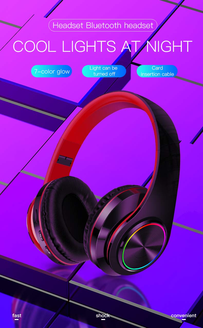 Amazing 7 LED Bluetooth Headphones with 8Hours Playtime, Wireless Headsets Over Ear, Hi-Fi Stereo, Multi-Colored Breathing Led, Built-in Mic, Snug Fit Earphones for Game Video DJ (Red Black)