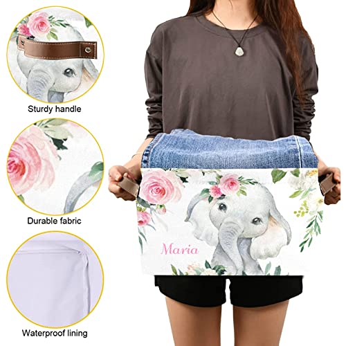 Pink Elephant Floral Personalized Storage Basket ,Custom Storage Bins Cubes Organizer with Handle for Bedroom Wardrobe,Nursery,Basket 1 Pack