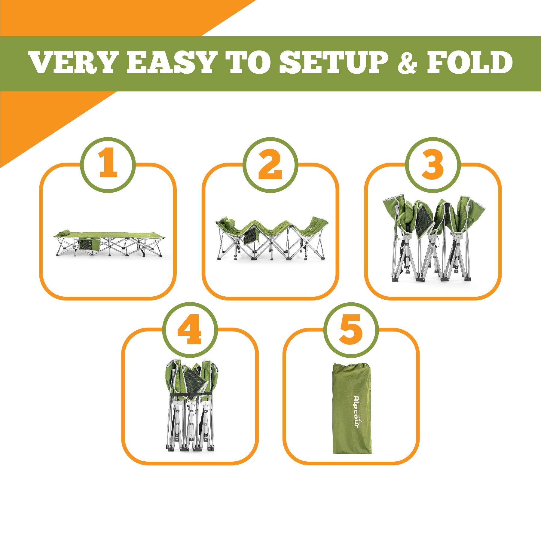 Alpcour Folding Camping Cot – Extra Strong Single Person Small-Collapsing Bed in a Bag w/Pillow for Indoor & Outdoor Use – Deluxe Comfortable Extra Heavy Duty Design Holds Adults & Kids Up to 440 Lbs